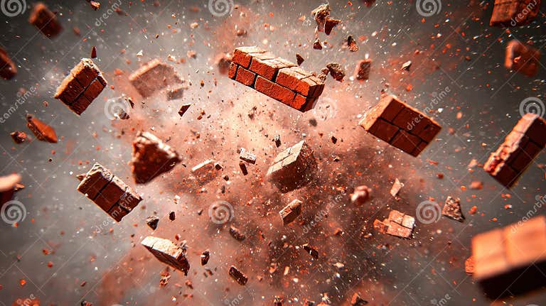 Dynamic 3D Render Depicting a Red Brick Wall Mid-explosion, with Bricks ...