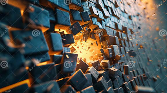 A Dynamic 3D Rendering of Dark Blue Cubes Exploding Outward from a ...