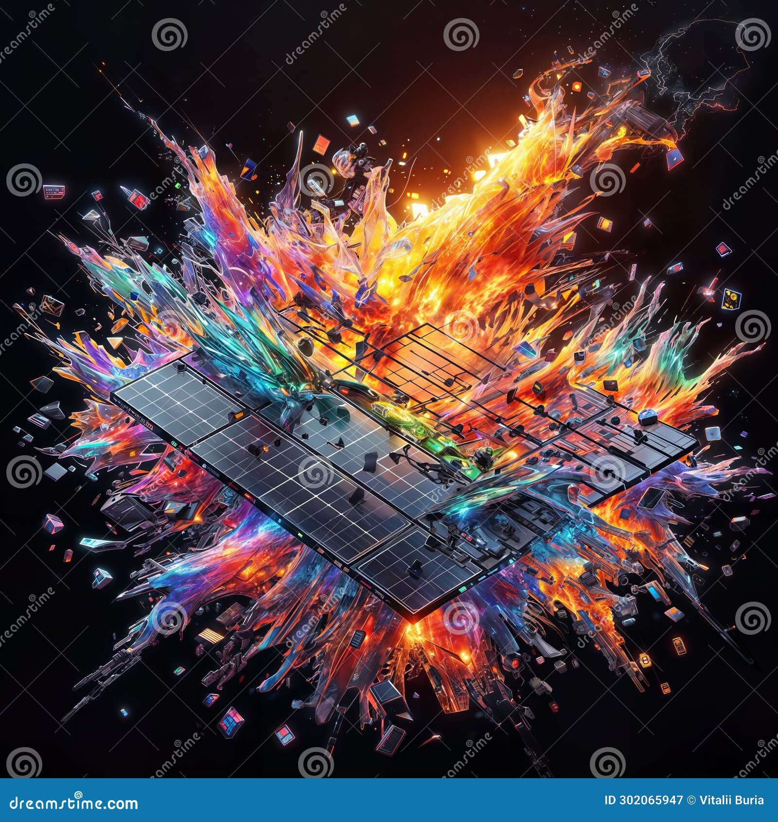 Solar Energy Panel with Fire and Sparks 3d Render on Black Background ...