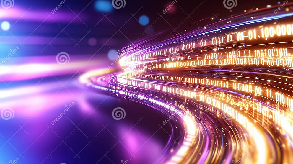 Dynamic Data Streams Flow through a Vibrant Space, Illuminated by Glowing Binary Codes and ...