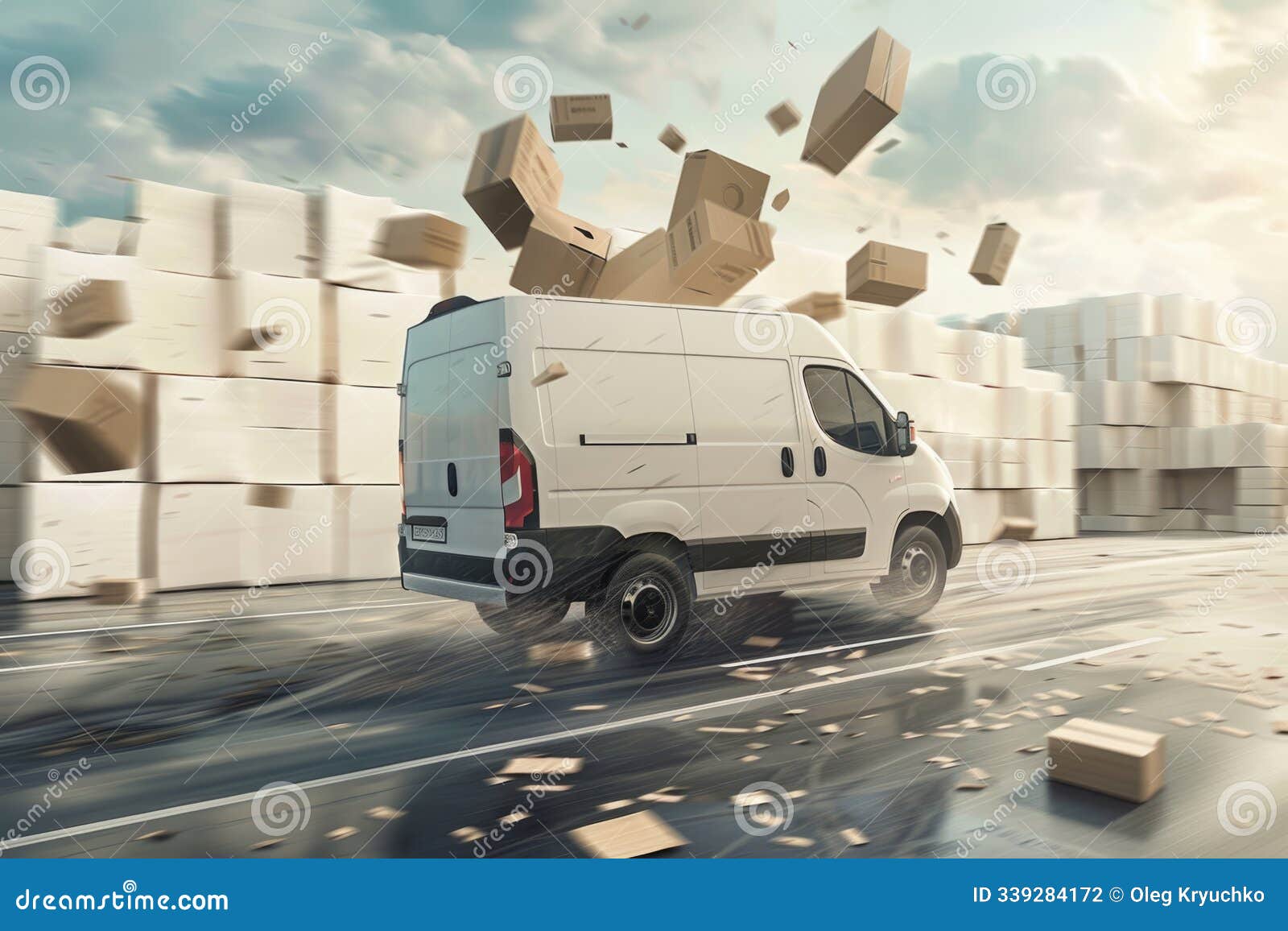 A Dynamic Delivery Van Speeds through a Loading Dock. Boxes Fly Around ...
