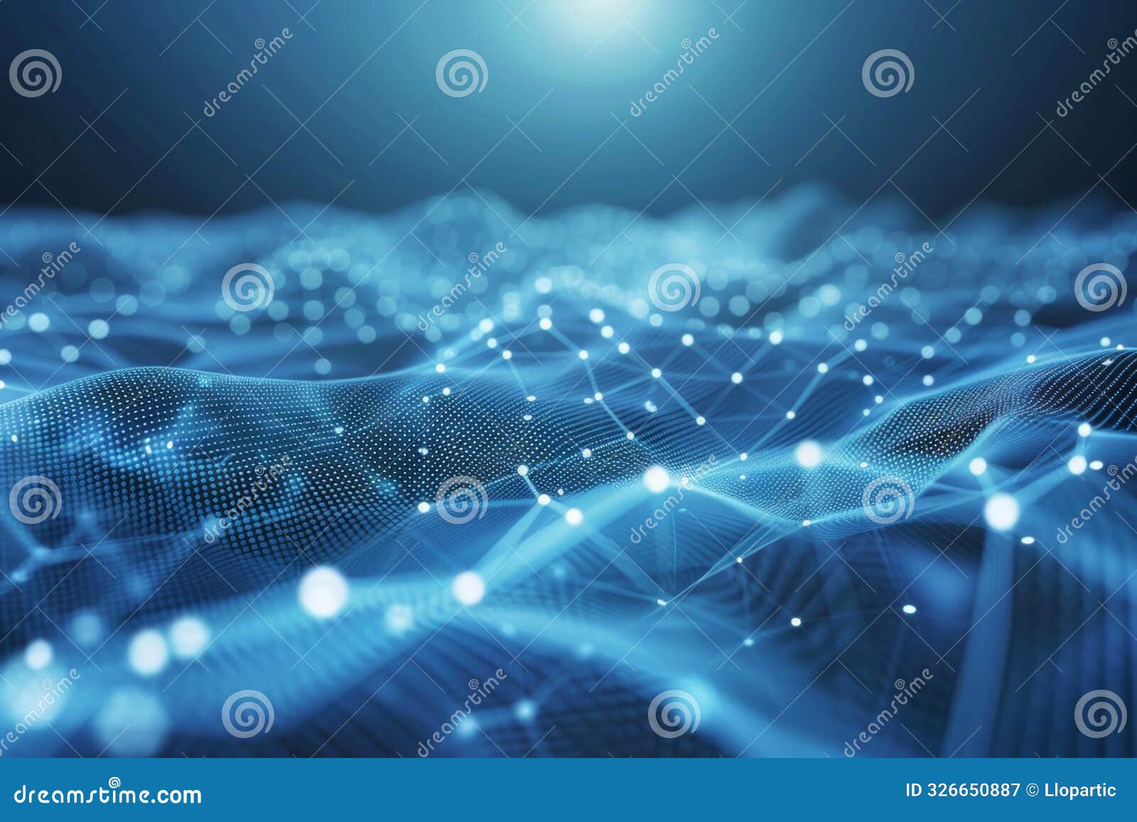 Dynamic Digital Landscape with Glowing Blue Waves and Red Light Particles, Depicting Data Flow ...