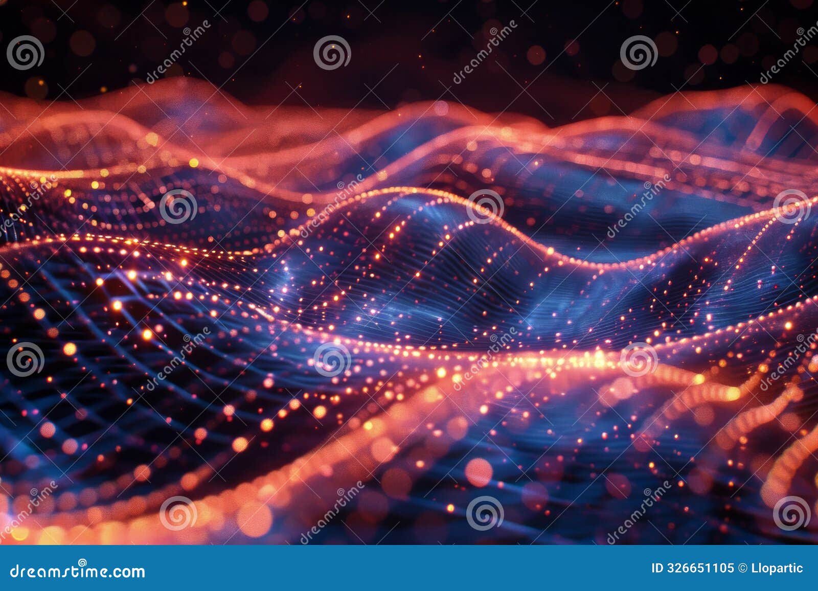 Dynamic Digital Landscape with Glowing Blue Waves and Red Light Particles, Depicting Data Flow ...