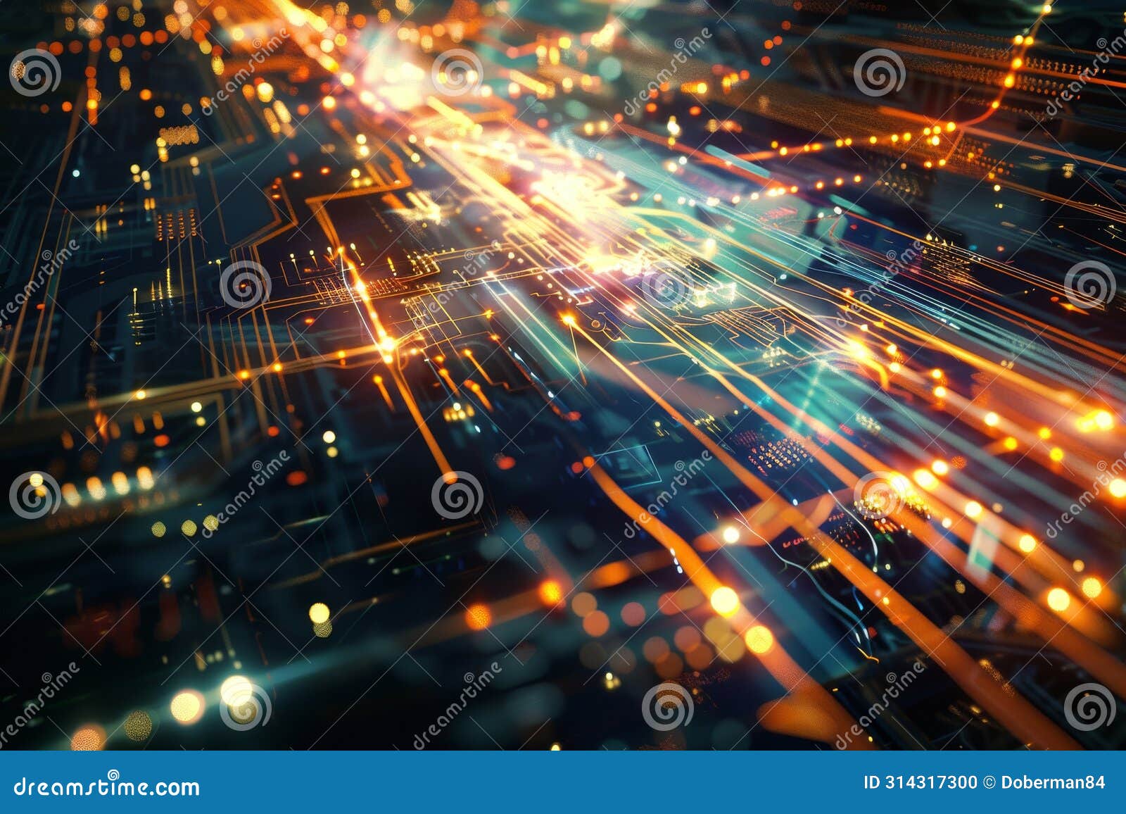 Dynamic Digital Landscape with Light Trails Representing Data Flow and ...