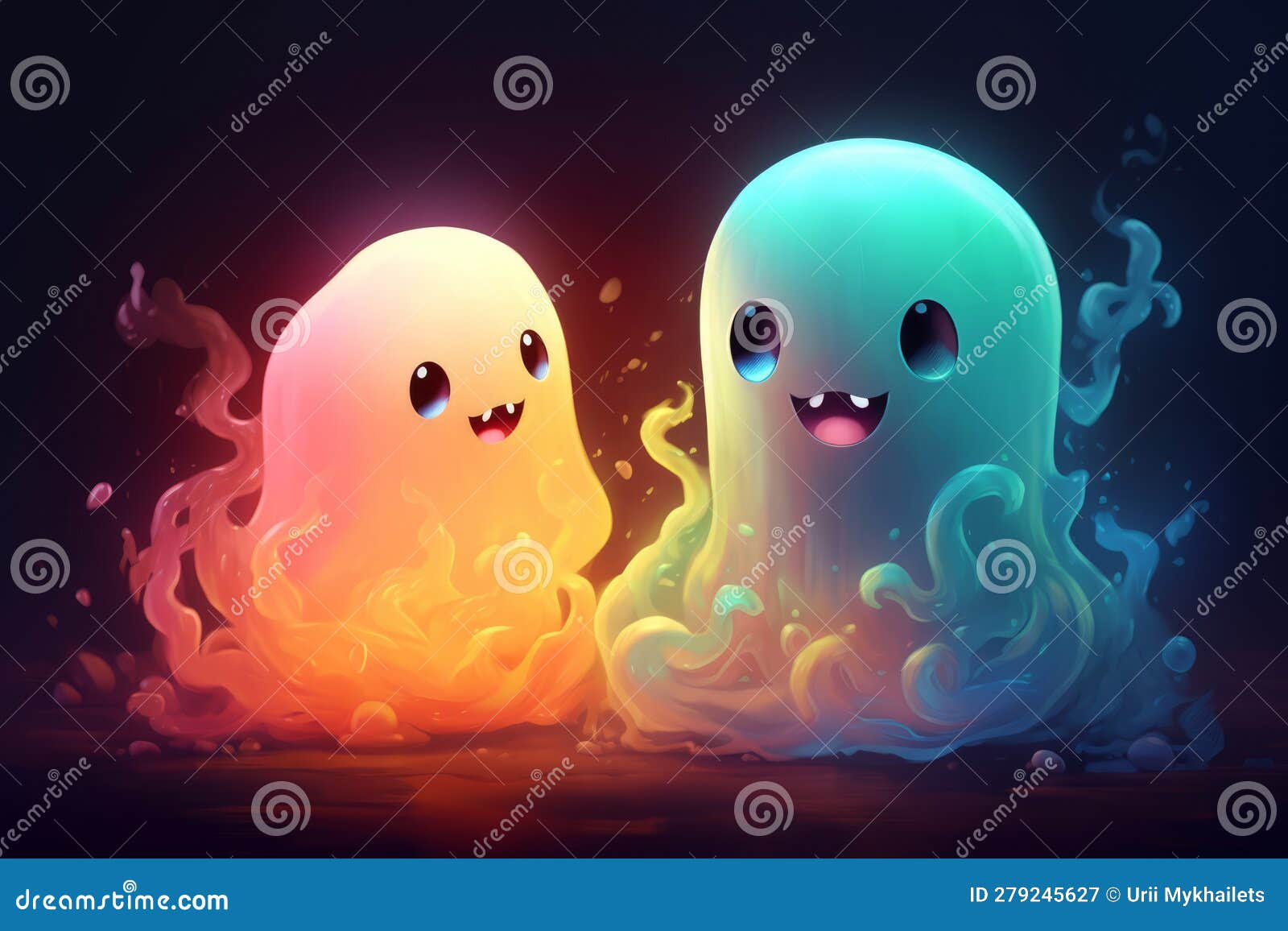 Dynamic Duo of Glowing Ghosts Stock Image - Image of colorful, cartoon ...