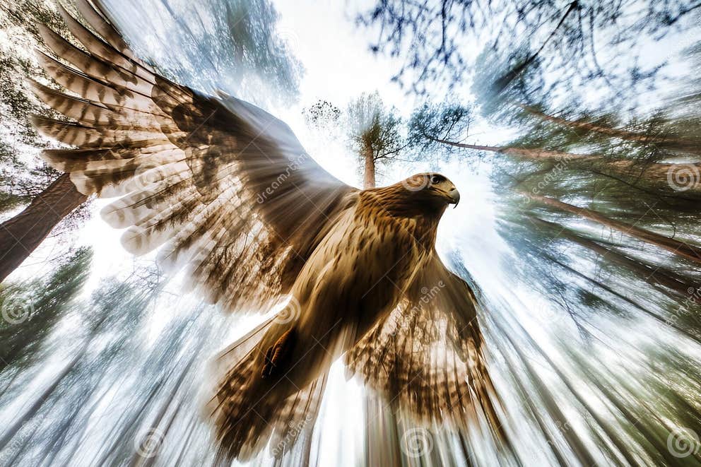 Dynamic Eagle in Flight through Forest Trees, Capturing Movement and ...