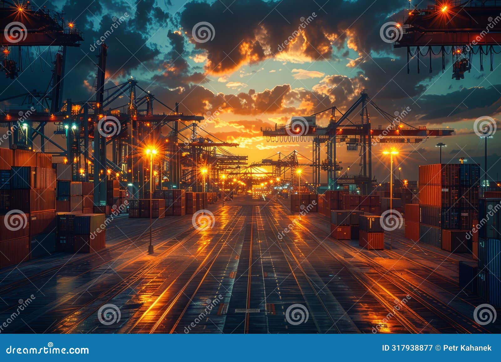 Dynamic Evening View of Cranes at Work Unloading Containers at a ...