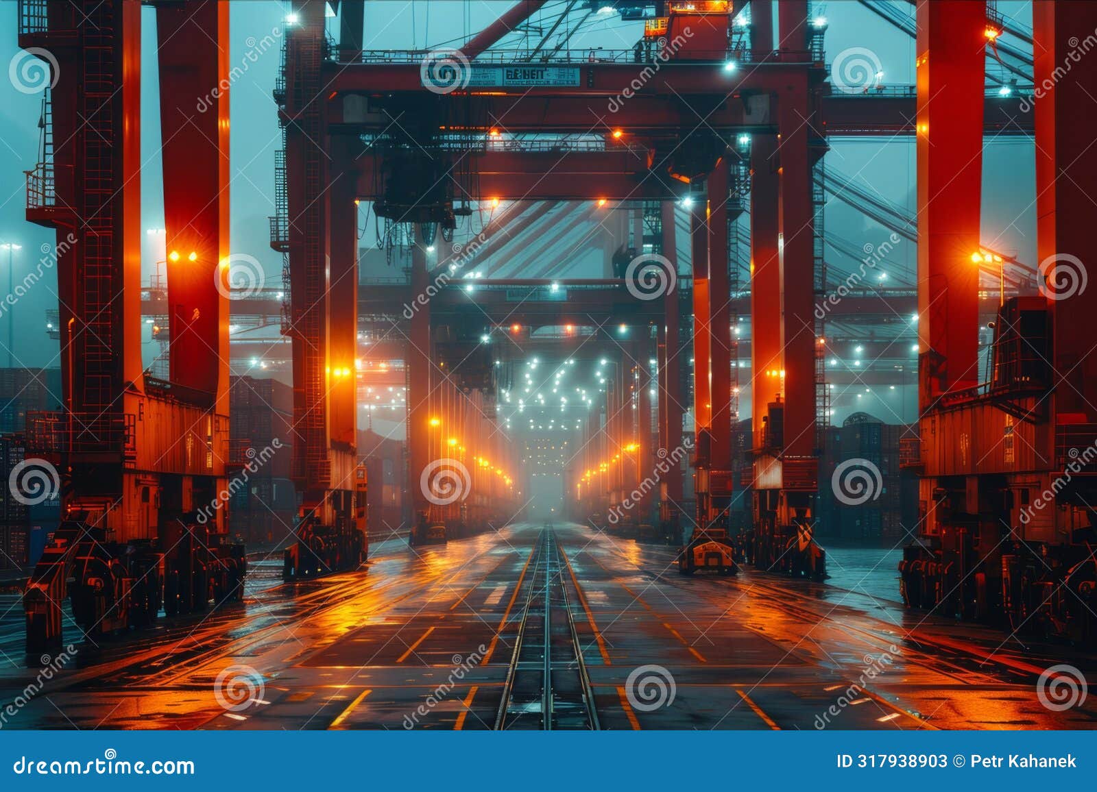 Dynamic Evening View of Cranes at Work Unloading Containers at a ...