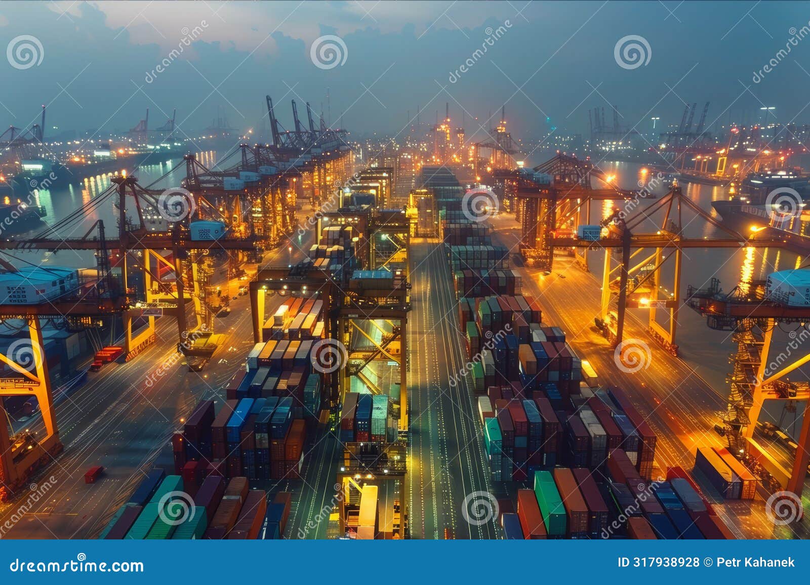 Dynamic Evening View of Cranes at Work Unloading Containers at a ...
