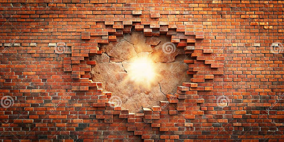 Dynamic Explosion Amidst Red Bricks Wall Broken Hole Background ...