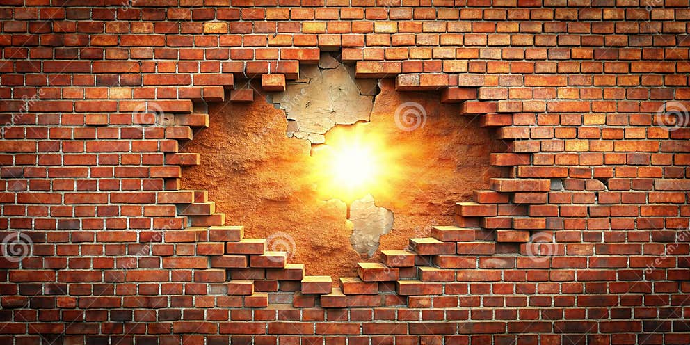 Dynamic Explosion Amidst Red Bricks Wall Broken Hole Background ...