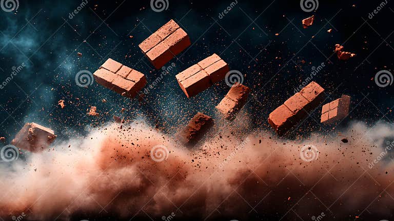 Dynamic Explosion of Bricks Surrounded by Dust and Smoke - AI Generated ...