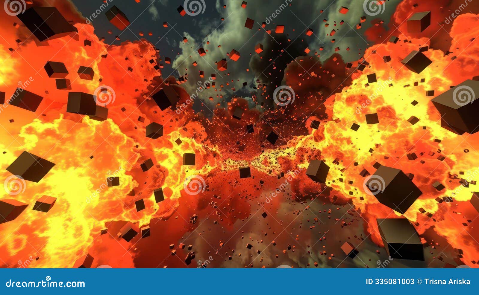 A Dynamic Explosion of Cubes and Fiery Elements in a Surreal, Digital ...