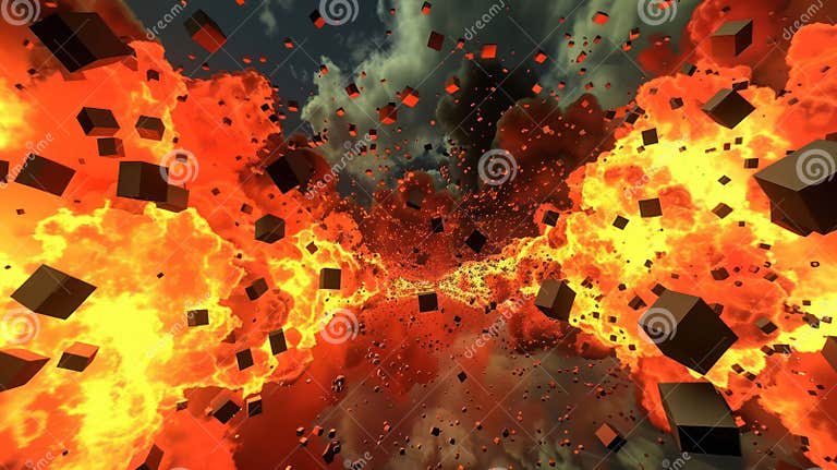 A Dynamic Explosion of Cubes and Fiery Elements in a Surreal, Digital ...