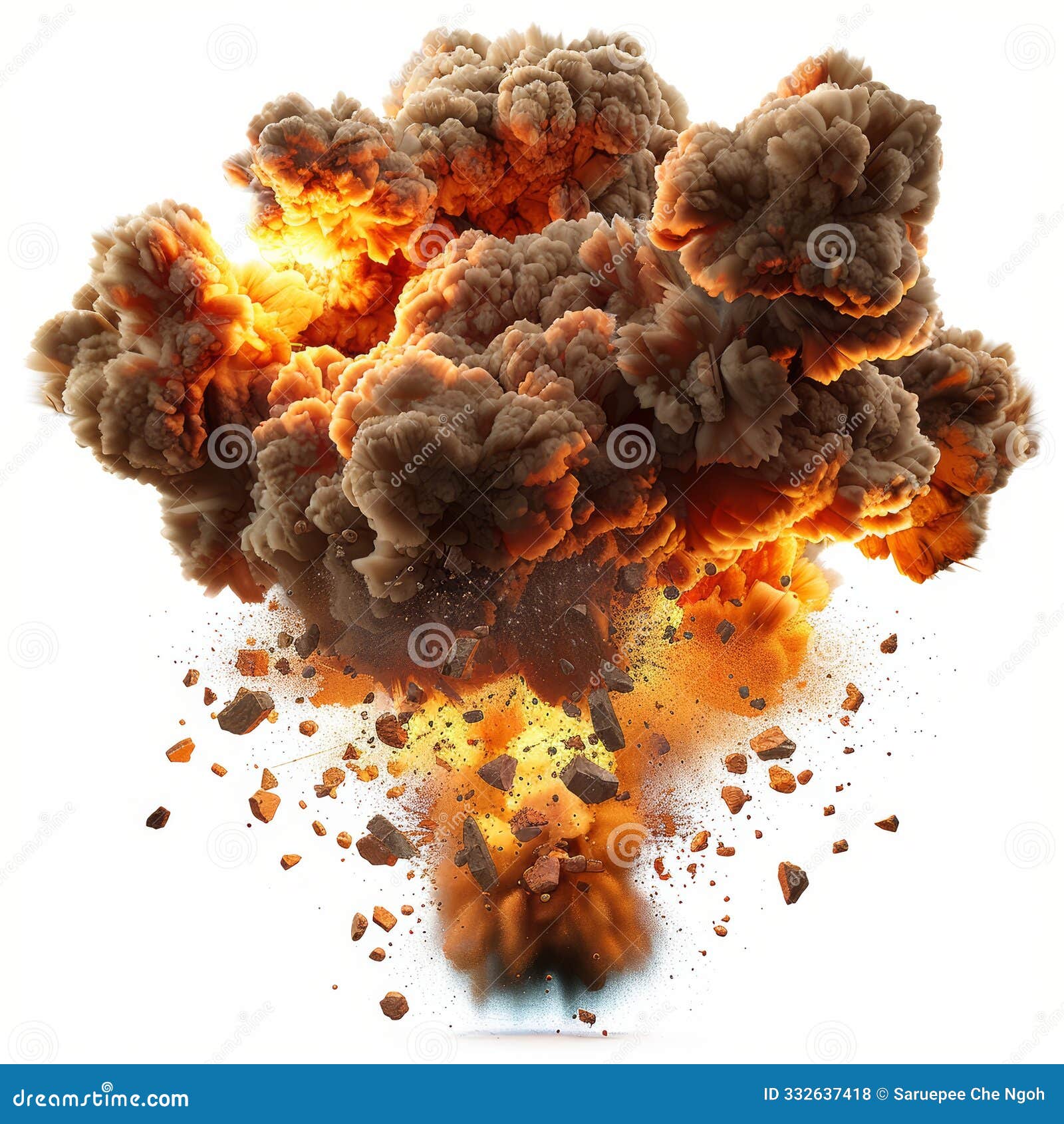 Dynamic Explosion with Fiery Clouds and Debris Against a White ...