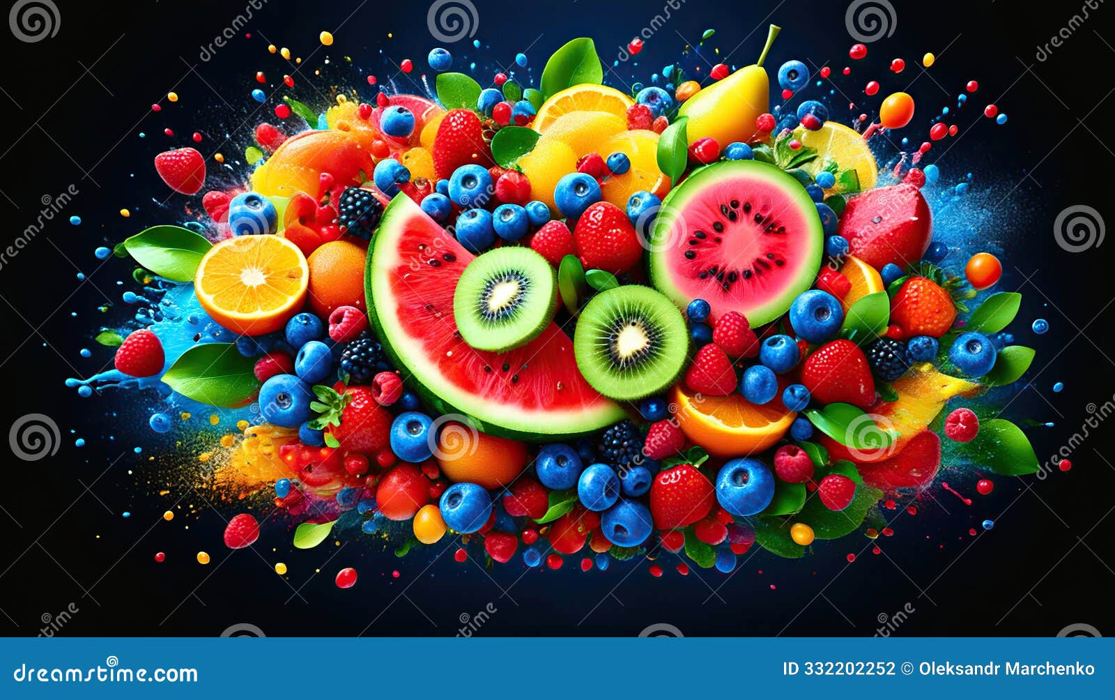 Dynamic Explosion of Fruits and Berries on a Dark Background, Saturated ...