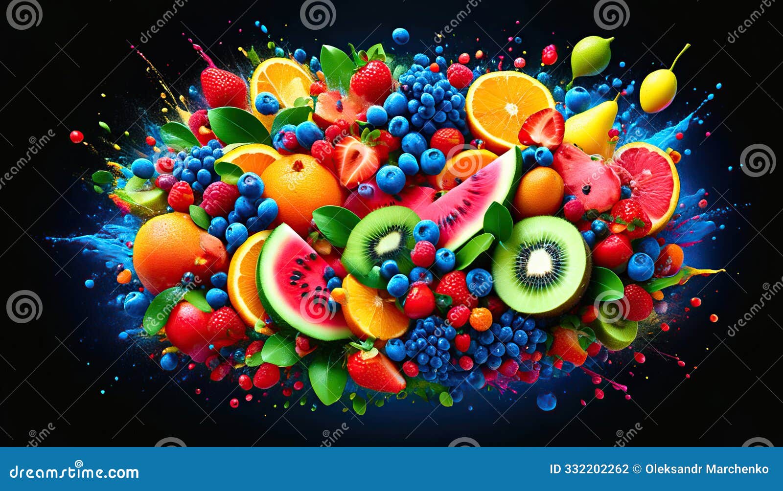 Dynamic Explosion of Fruits and Berries on a Dark Background, Saturated ...