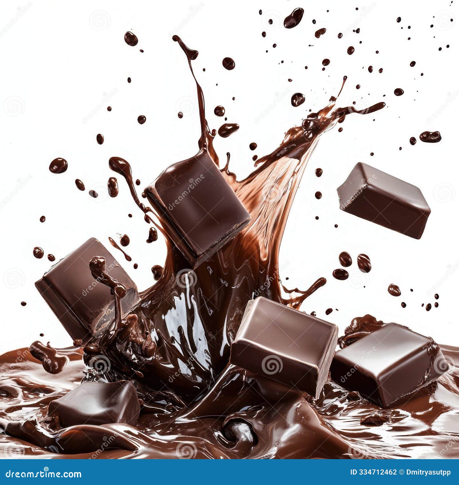 Dynamic Explosion of Milk Chocolate Squares with Liquid Splash on White ...