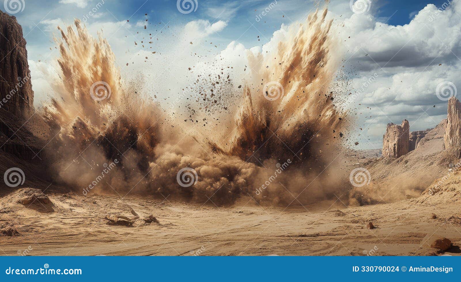 A Dynamic Explosion Occurs in the Expansive Desert Landscape, Forming a ...