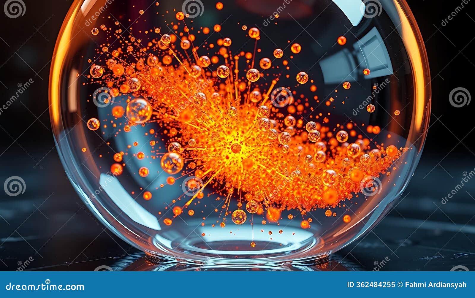 Dynamic Explosion of Vibrant Orange Particles Encased in a Glass Sphere ...