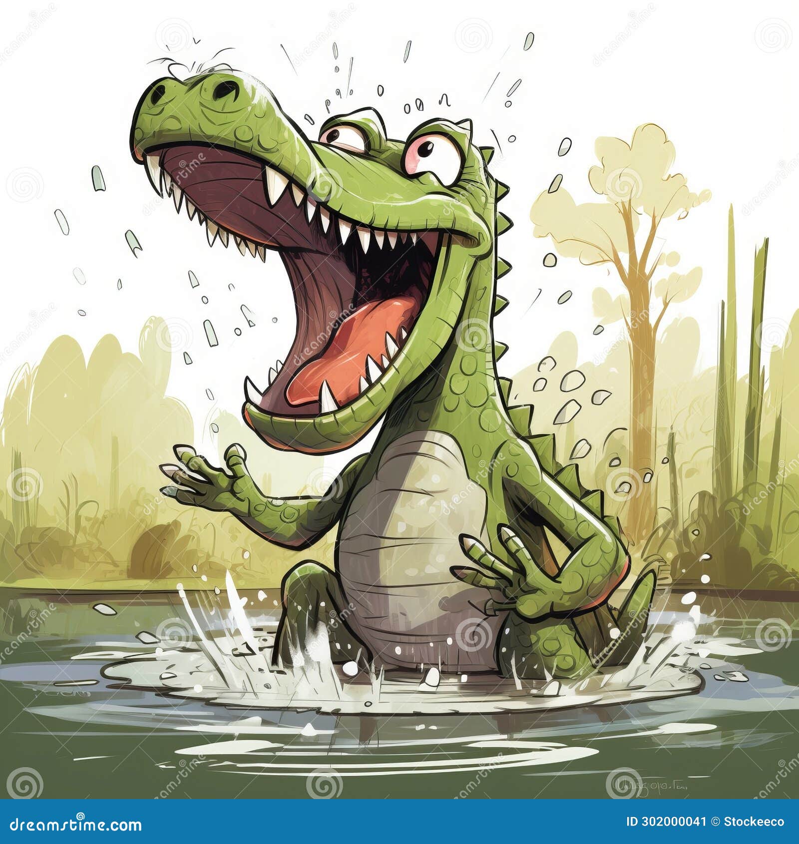 Dynamic and Expressive Cartoon Alligator Jumping into Shallow Water ...