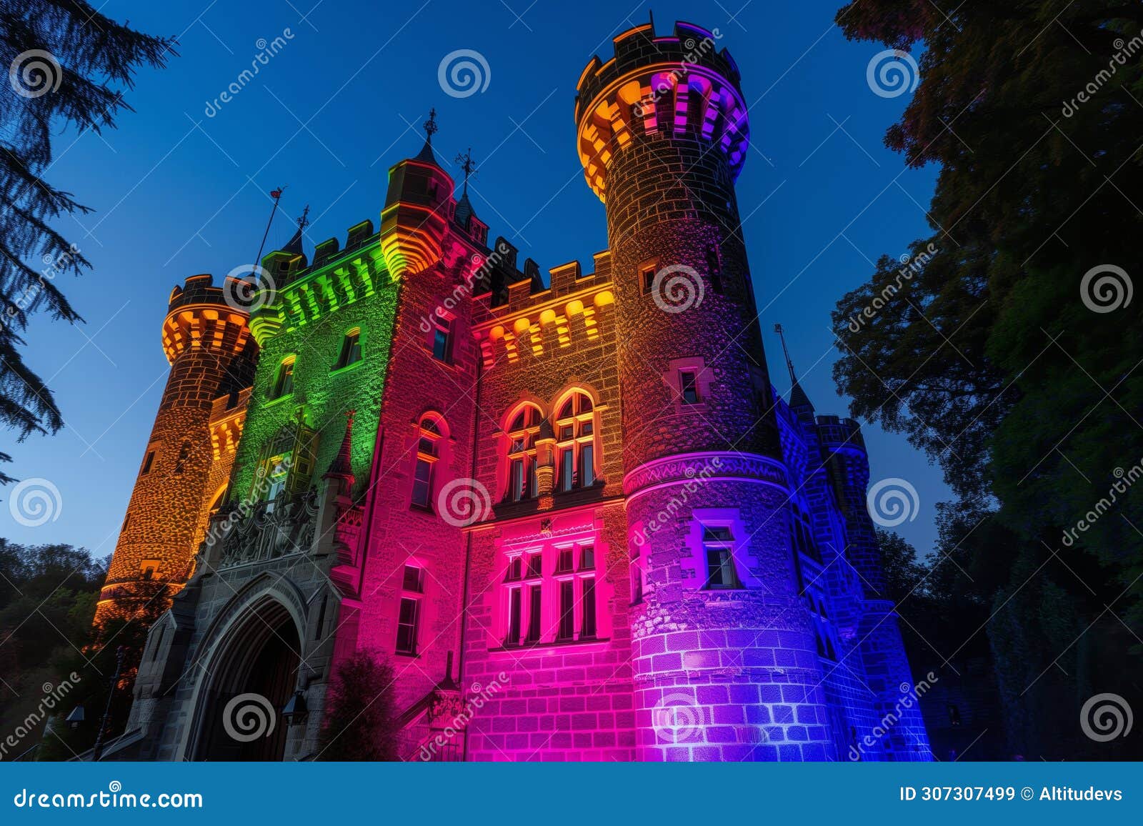 Dynamic Facade Lighting with Changing Colors on Castle Stock Image ...