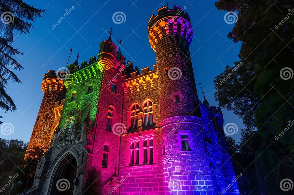 Dynamic Facade Lighting with Changing Colors on Castle Stock Image ...