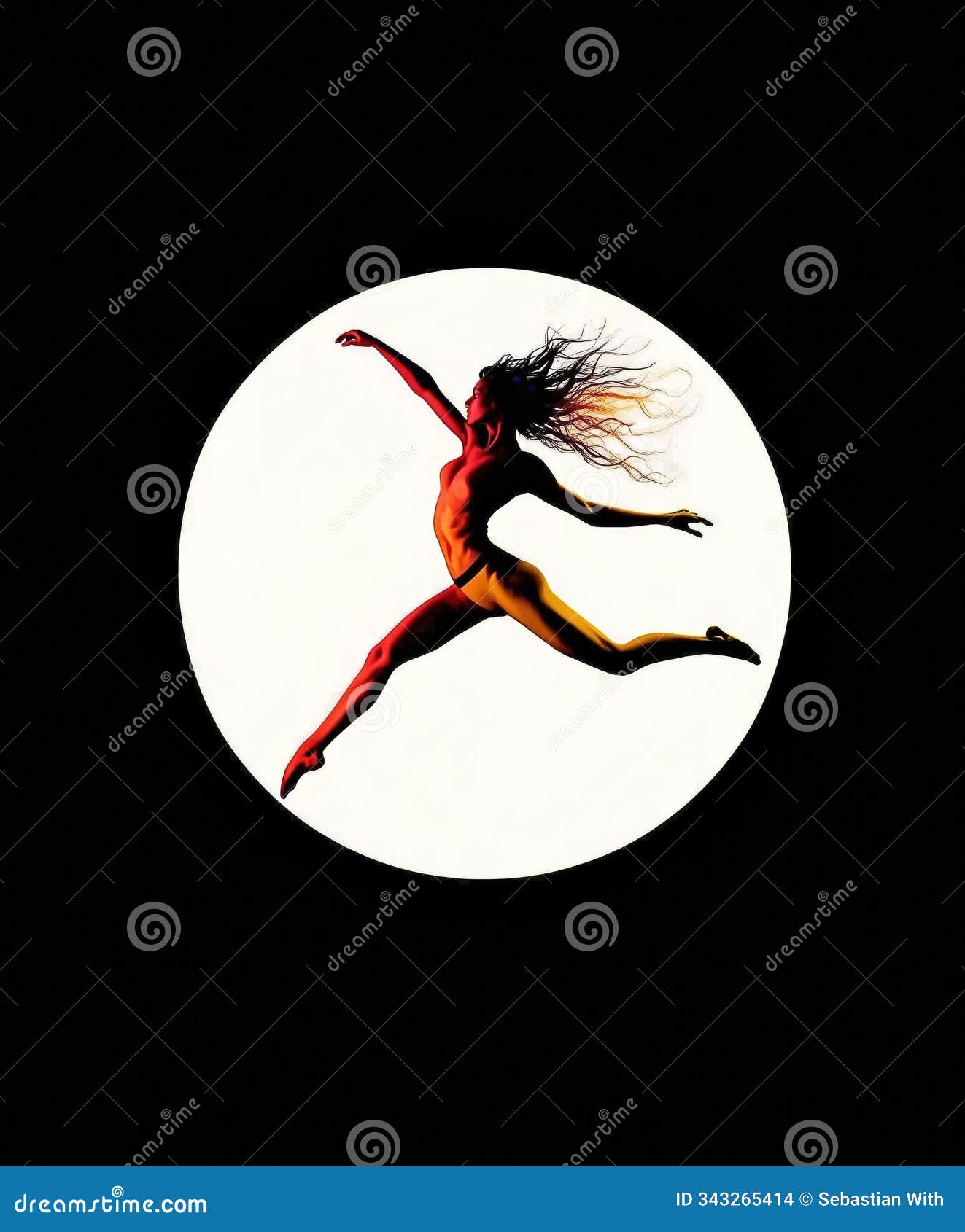 Dynamic Female Dancer Jumping Against a Bright Circular Backdrop. Stock ...