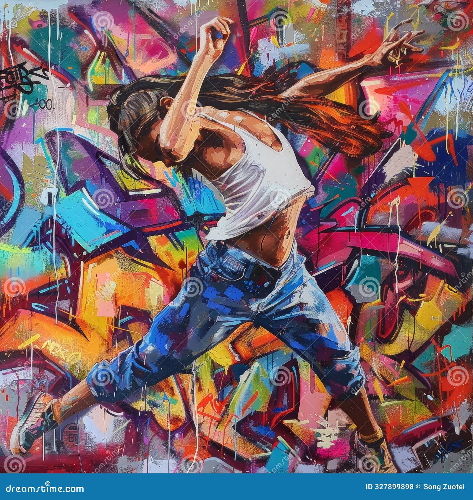 Dynamic Female Dancer Performing Solo Breakdance Routine in Front of ...