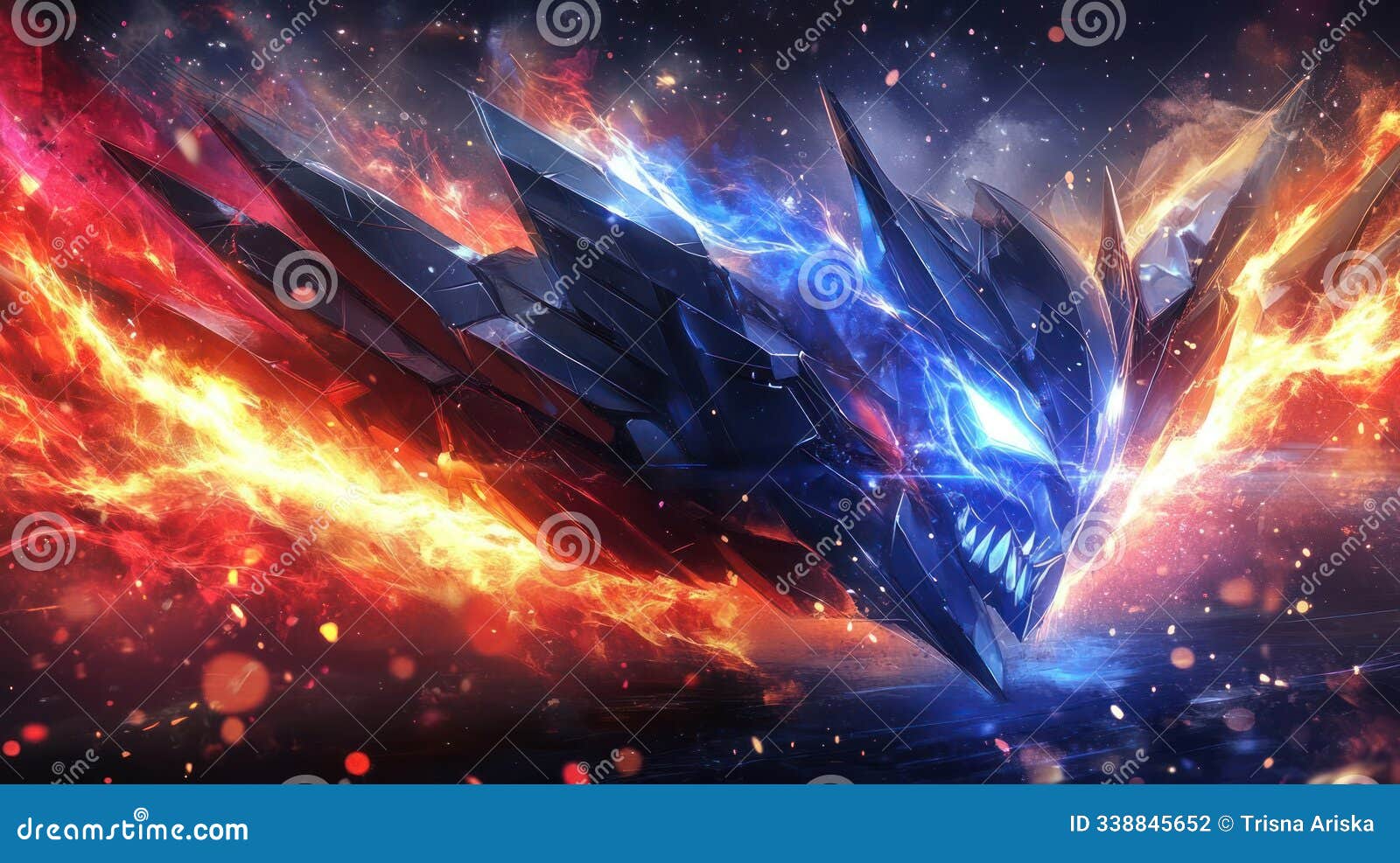 A Dynamic, Fiery Dragon Head Composed of Angular, Crystalline Shapes ...
