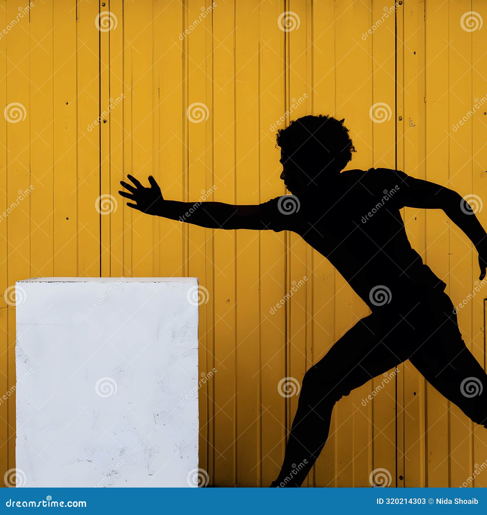 Dynamic Figure Reaching for Rectangular Block Against Vivid Yellow ...