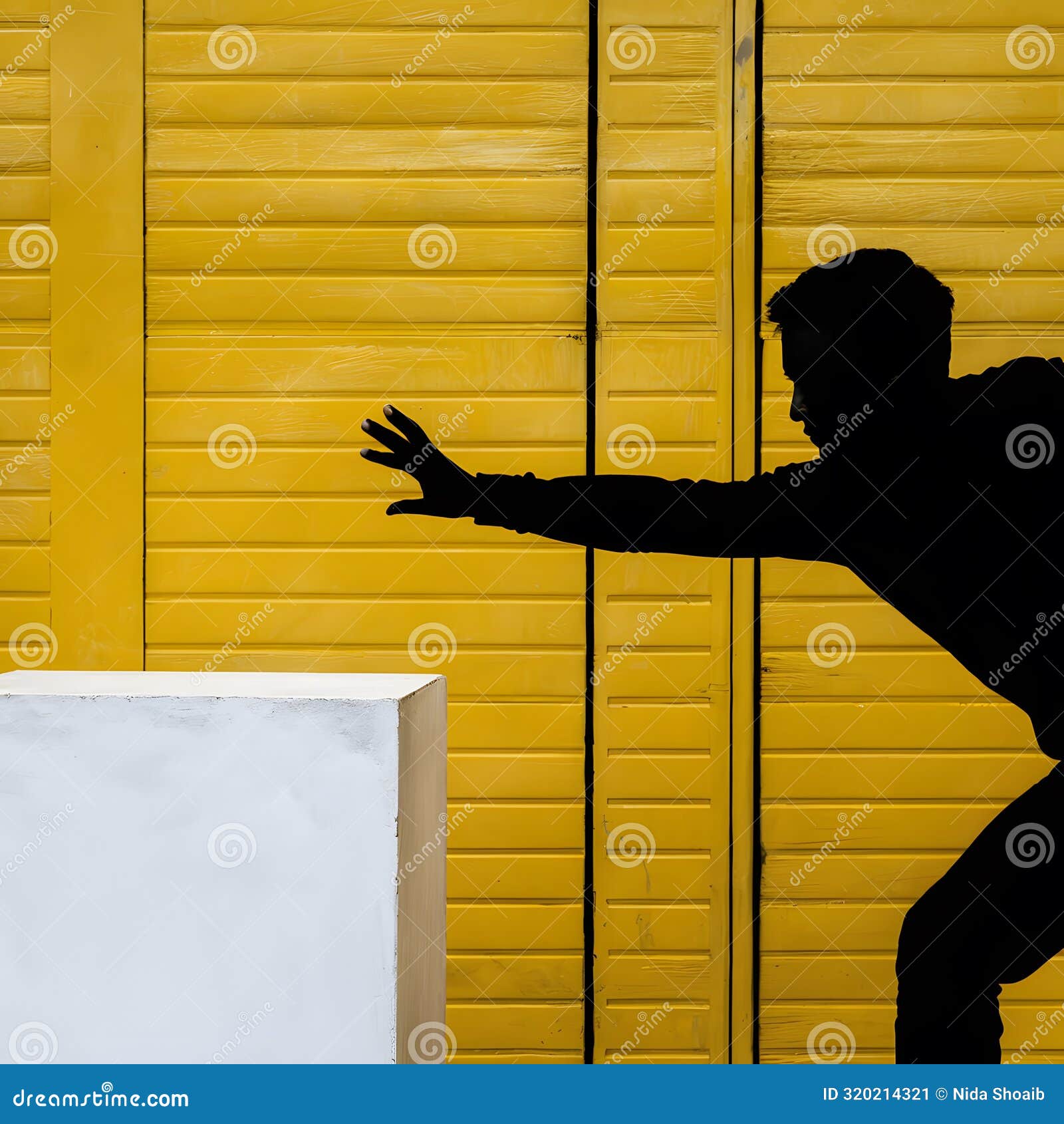 Dynamic Figure Reaching for Rectangular Block Against Vivid Yellow ...