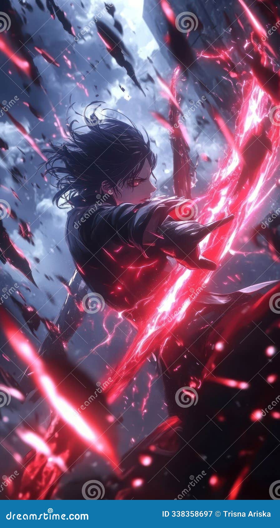 A Dynamic Figure Wielding a Glowing Red Energy Blade Amidst a Dramatic ...