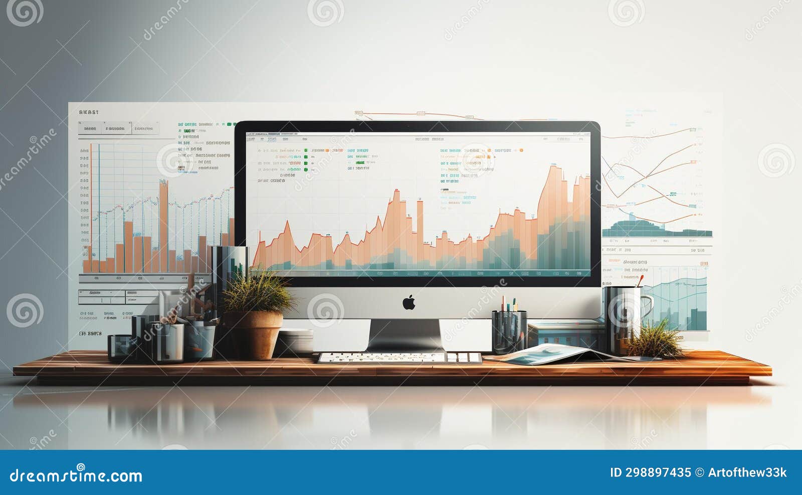 Dynamic Financial Chart on Modern Desk in Cityscape Office Stock ...