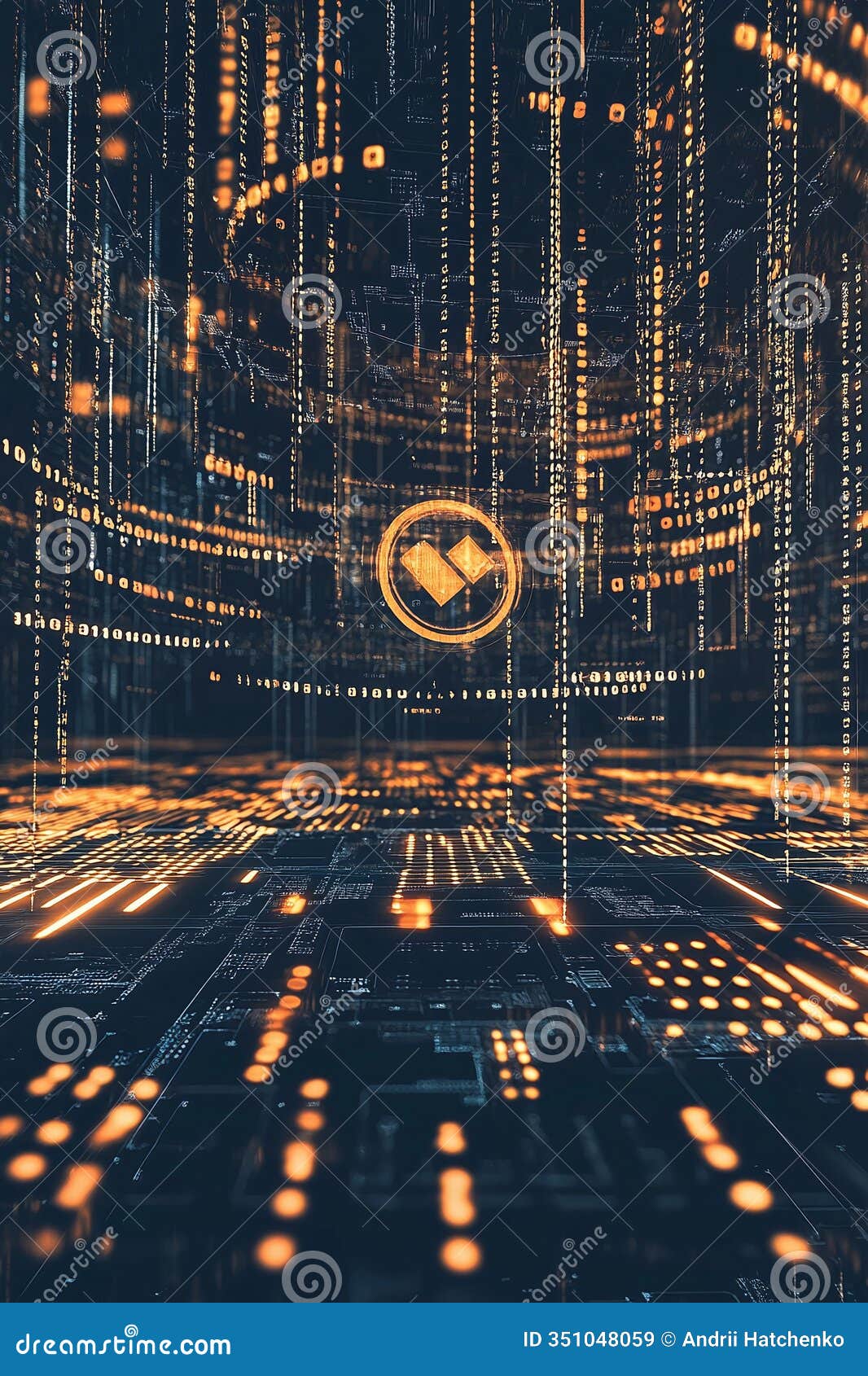 Dynamic Fintech Icon Floating Above a Pulsating Circuit Board Pattern with Scattered Binary Code ...