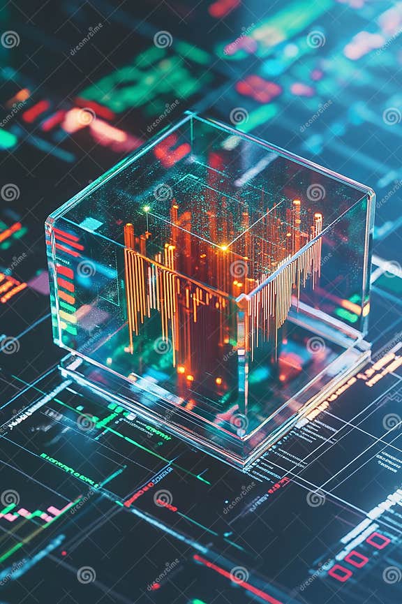 Dynamic Fintech Icon Floating in a Transparent Data Cube with Glowing Cryptocurrency Visuals ...