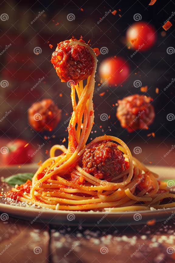 Dynamic Floating Pasta with Meatballs, Fresh Basil, and Tomatoes Stock ...