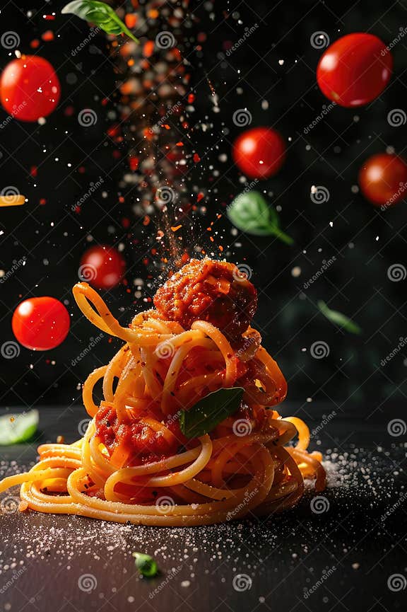 Dynamic Floating Pasta with Meatballs, Fresh Basil, and Tomatoes Stock ...