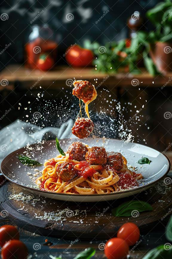 Dynamic Floating Pasta with Meatballs, Fresh Basil, and Tomatoes Stock ...