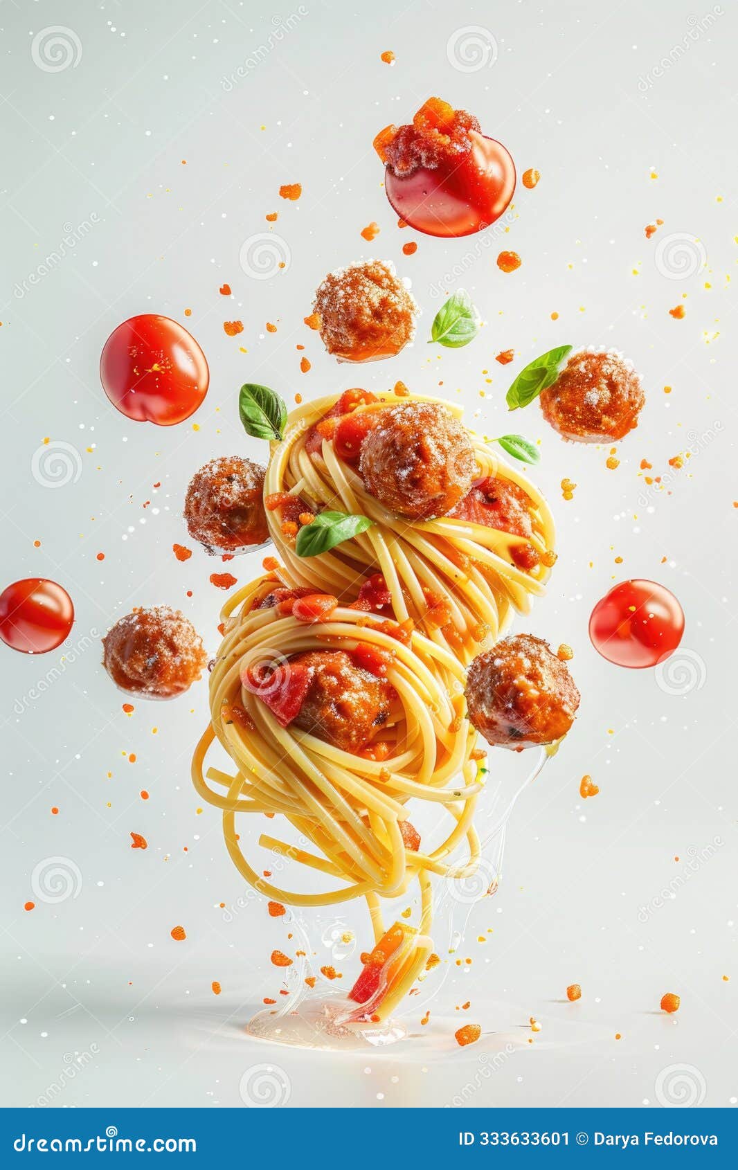 Dynamic Floating Pasta with Meatballs, Fresh Basil, and Tomatoes ...