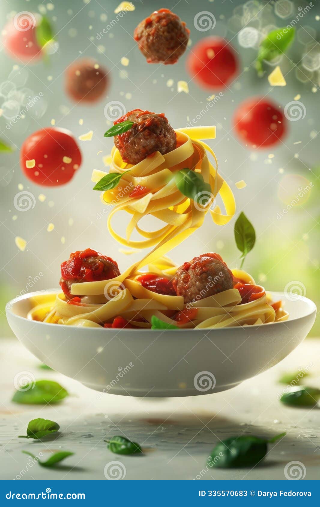 Dynamic Floating Pasta with Meatballs, Fresh Basil, and Tomatoes ...