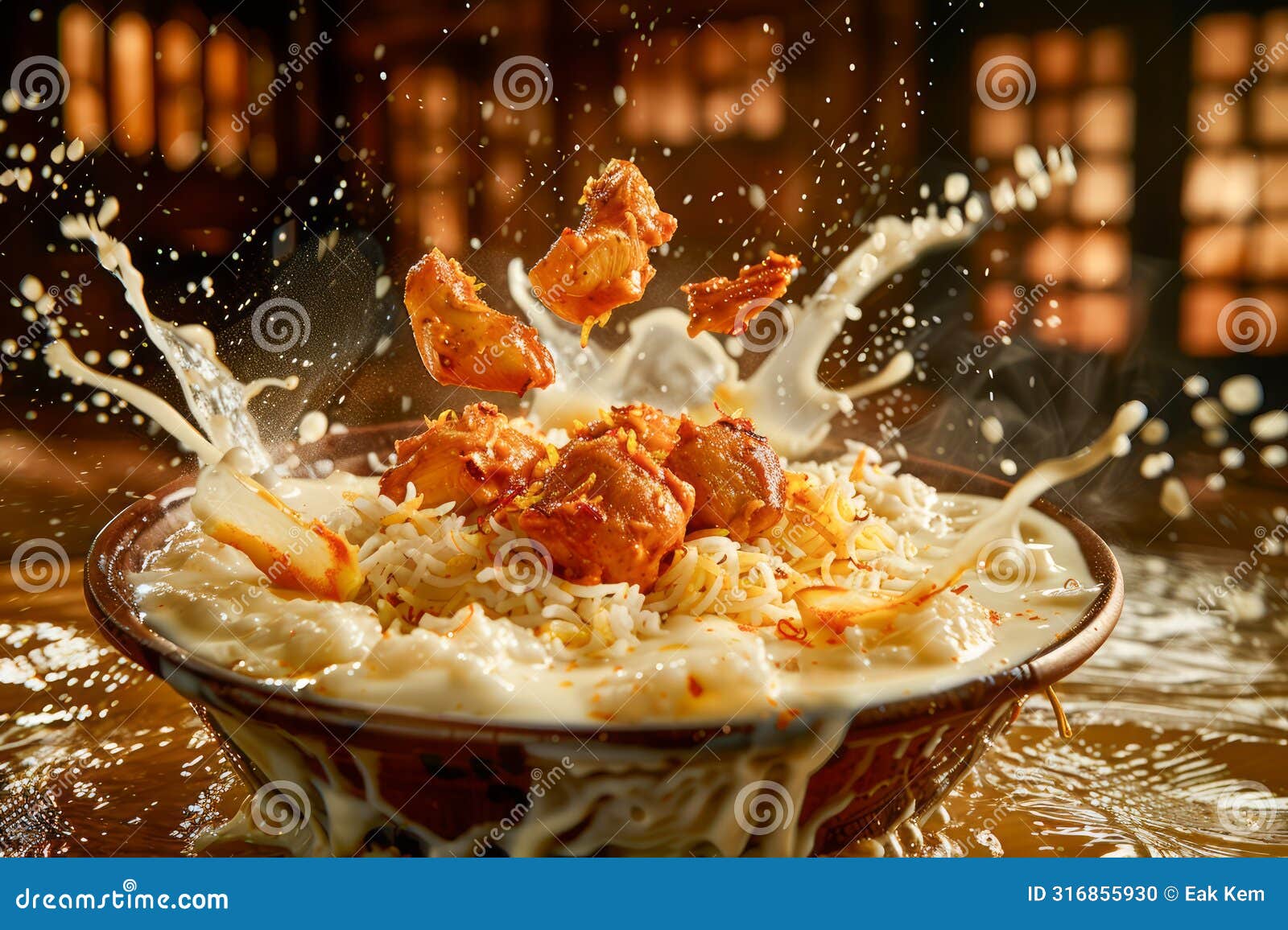 Dynamic Fried Chicken Splash in Bowl of Spaghetti Pasta with Sauce in ...