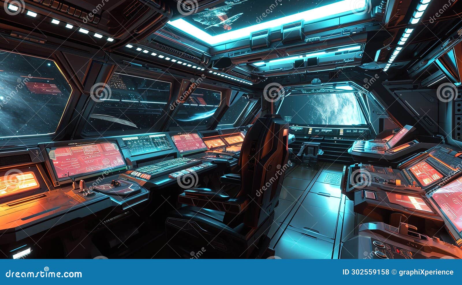 Dynamic Galactic Starship Bridge Stock Illustration - Illustration of ...
