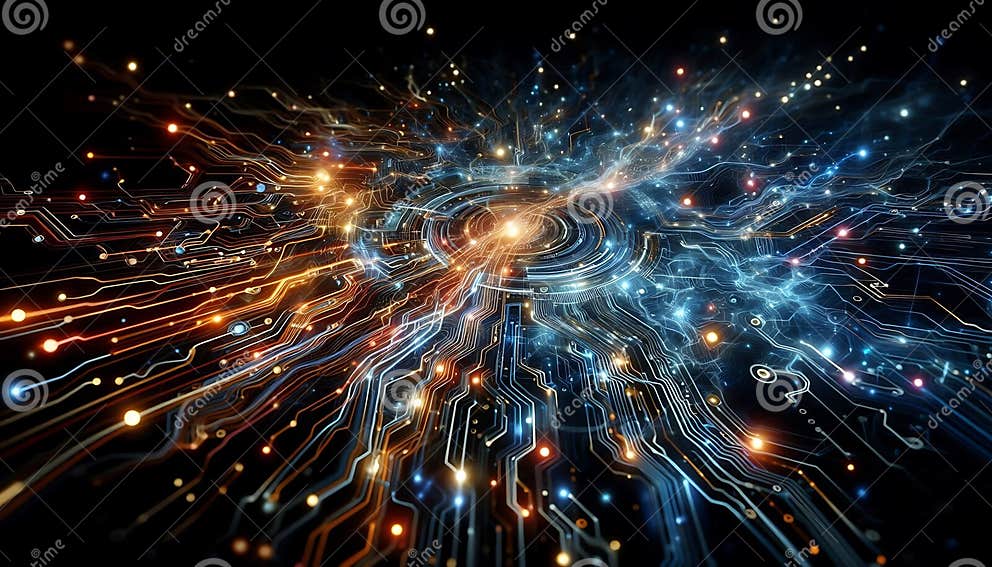 Dynamic Glowing Circuits Spreading Across a Dark Background, Forming Intricate Futuristic ...