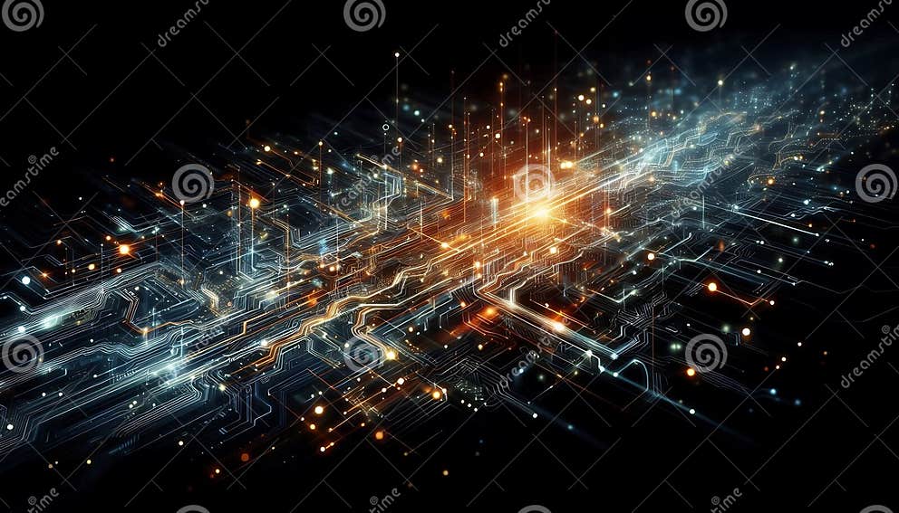 Dynamic Glowing Circuits Spreading Across a Dark Background, Forming Intricate Futuristic ...