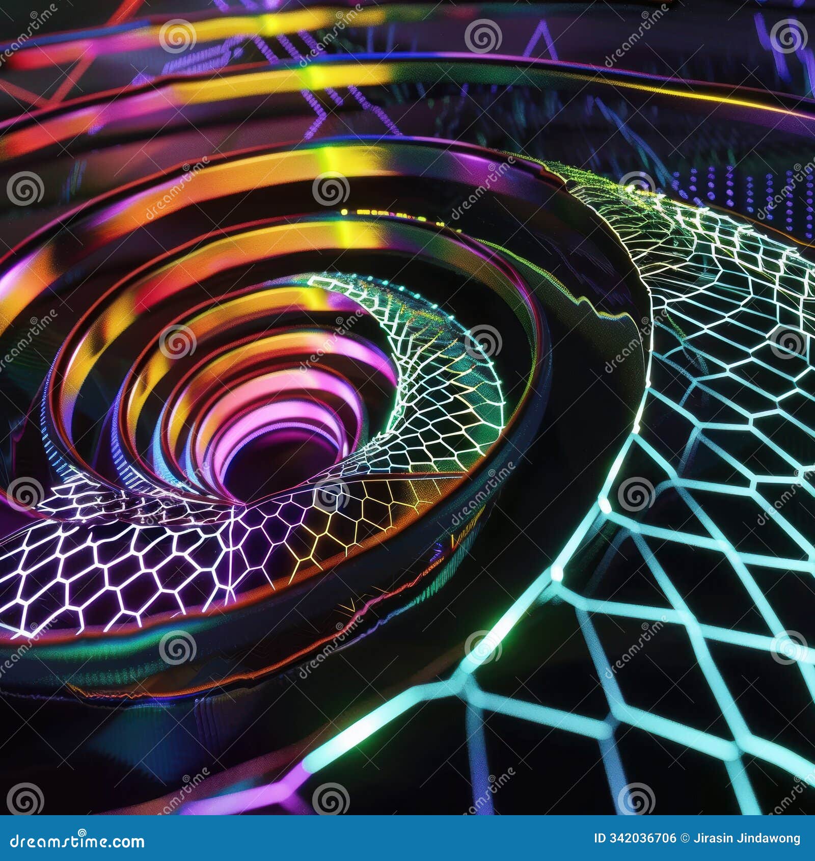 Dynamic Glowing Spiral of Overlapping Hexagons Stock Illustration ...