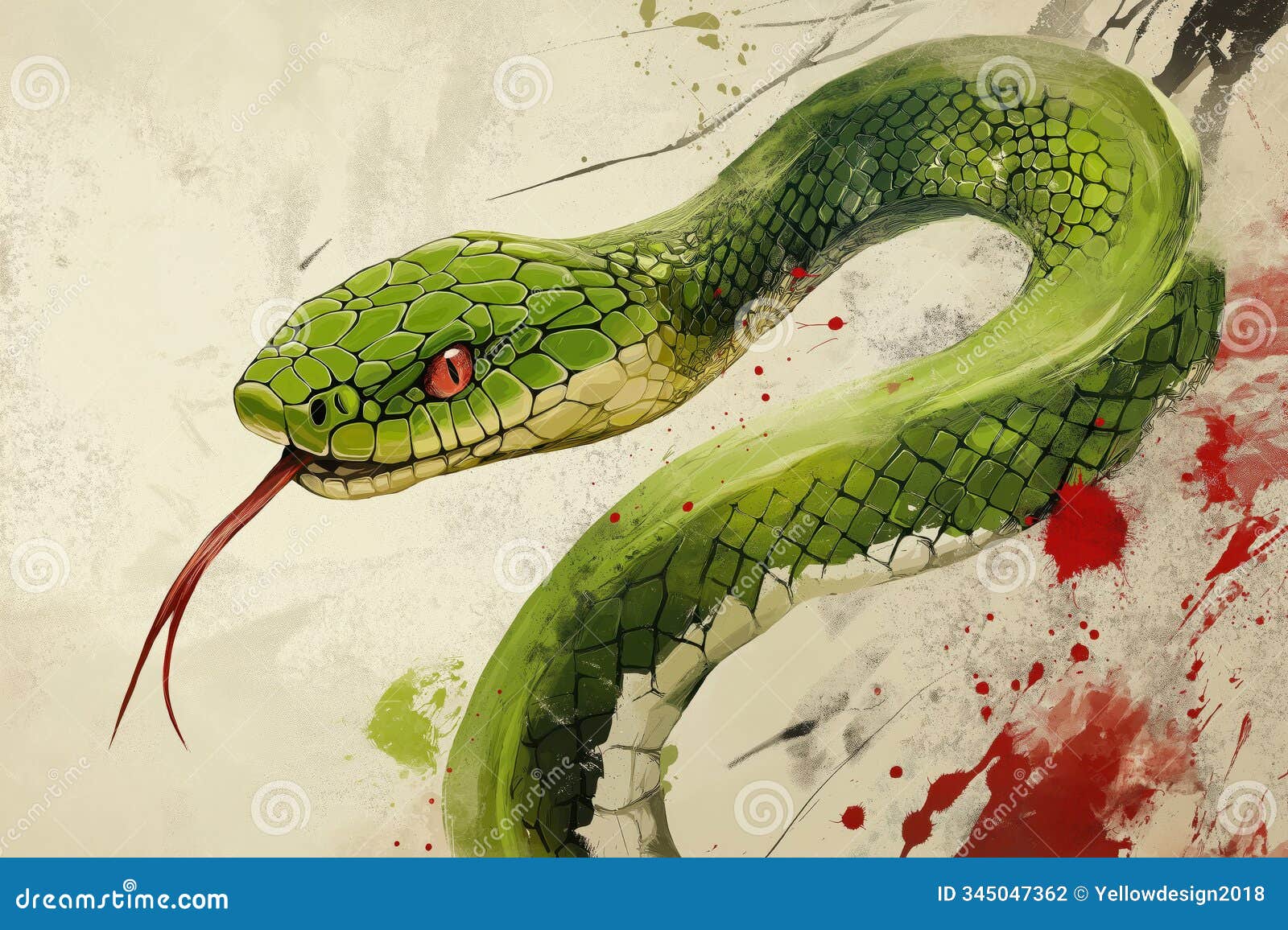 Dynamic Green Snake Illustration with Splashes of Color and Dramatic ...