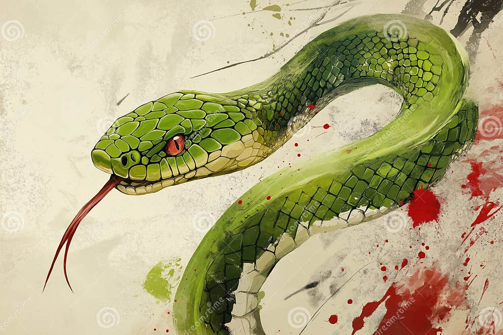 Dynamic Green Snake Illustration with Splashes of Color and Dramatic ...