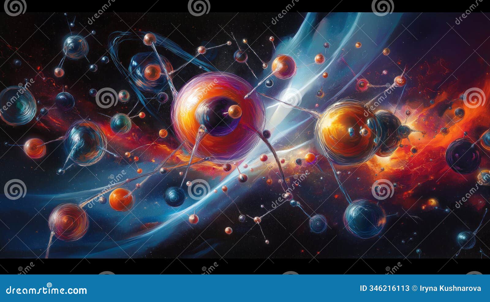 Dynamic Illustration of Atoms, Nuclei in Motion. Colorful Orbs ...