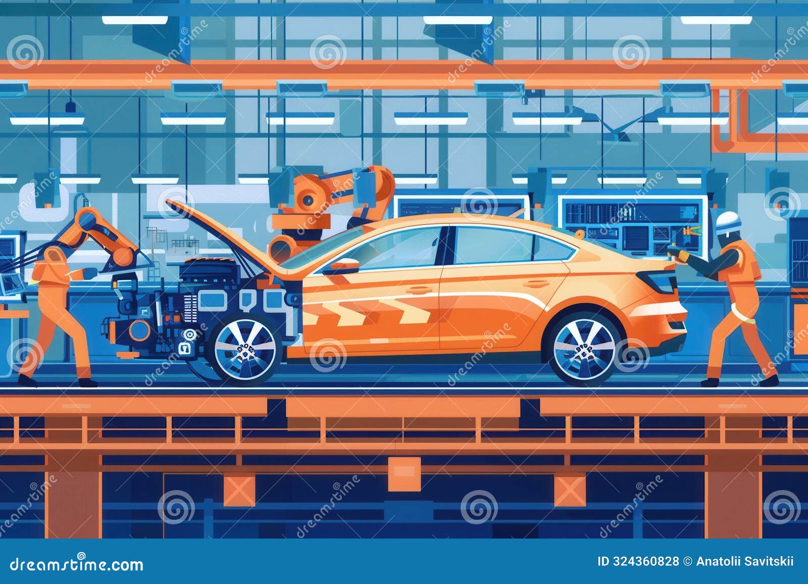 A Dynamic Illustration of a Car Assembly Line Showcasing Workers and ...